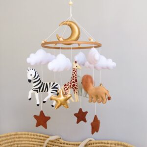 Safari Mobile for Crib Animal Jungle Mobile Baby Safari Nursery Room Decor Africa Safari Theme (Elephant, Lion, Zebra, Giraffe) Handmade