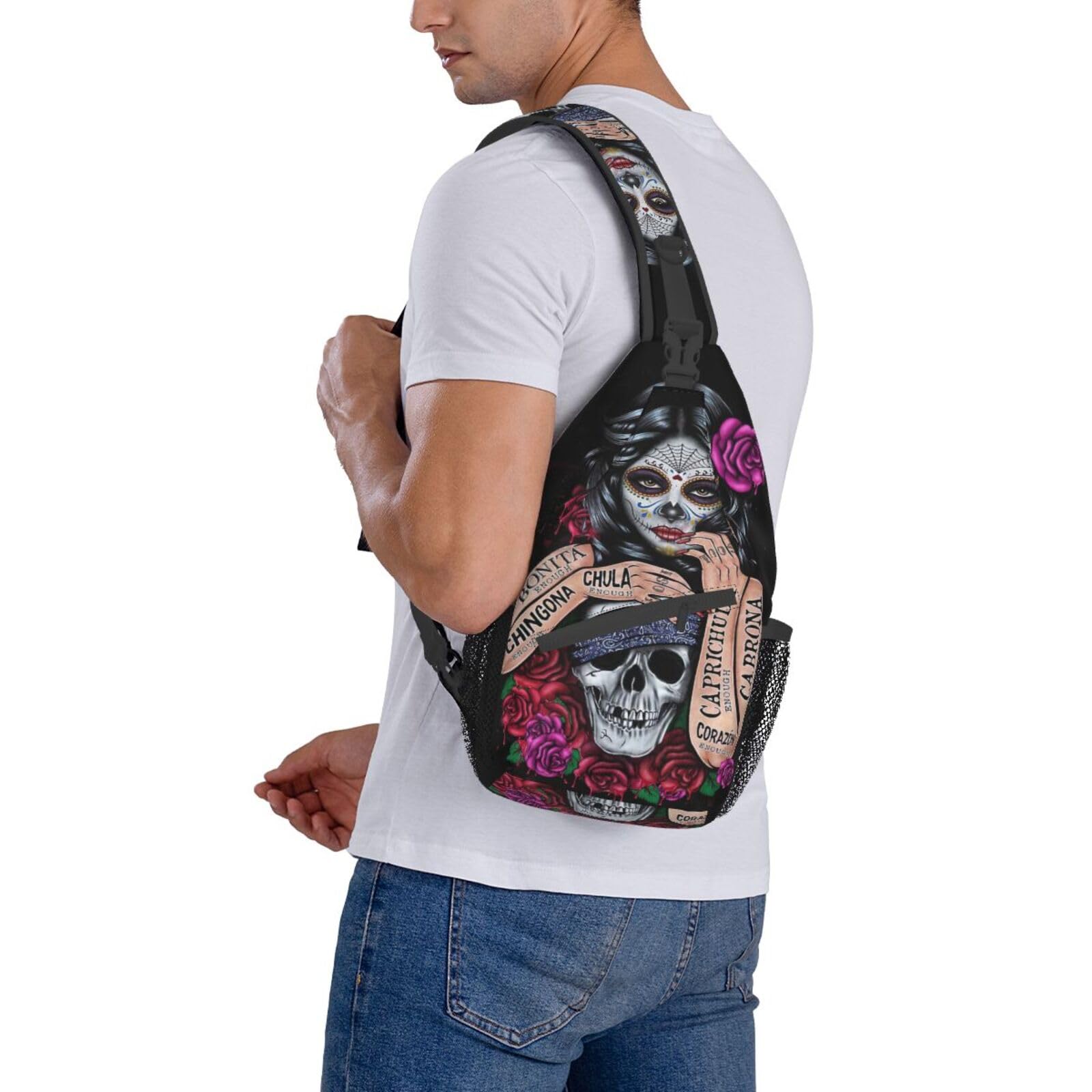 Fosgzif Crossbody Bag Sling Shoulder Backpack for Men Women Day of the Dead Sugar Skull Unisex Small Hiking Backpack Durable Hiking Daypack for Sport Casual Walking Biking Travel Cycling