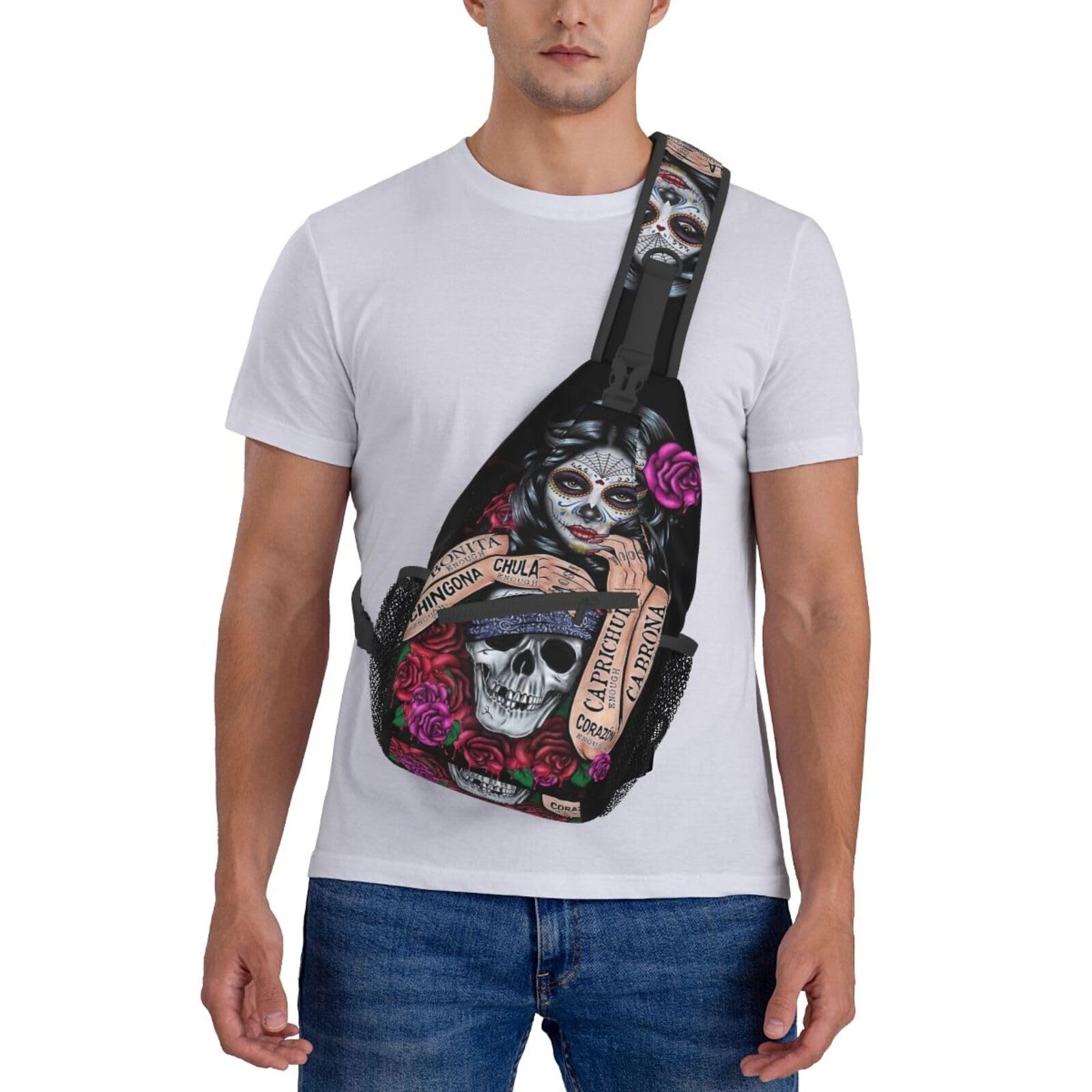 Fosgzif Crossbody Bag Sling Shoulder Backpack for Men Women Day of the Dead Sugar Skull Unisex Small Hiking Backpack Durable Hiking Daypack for Sport Casual Walking Biking Travel Cycling