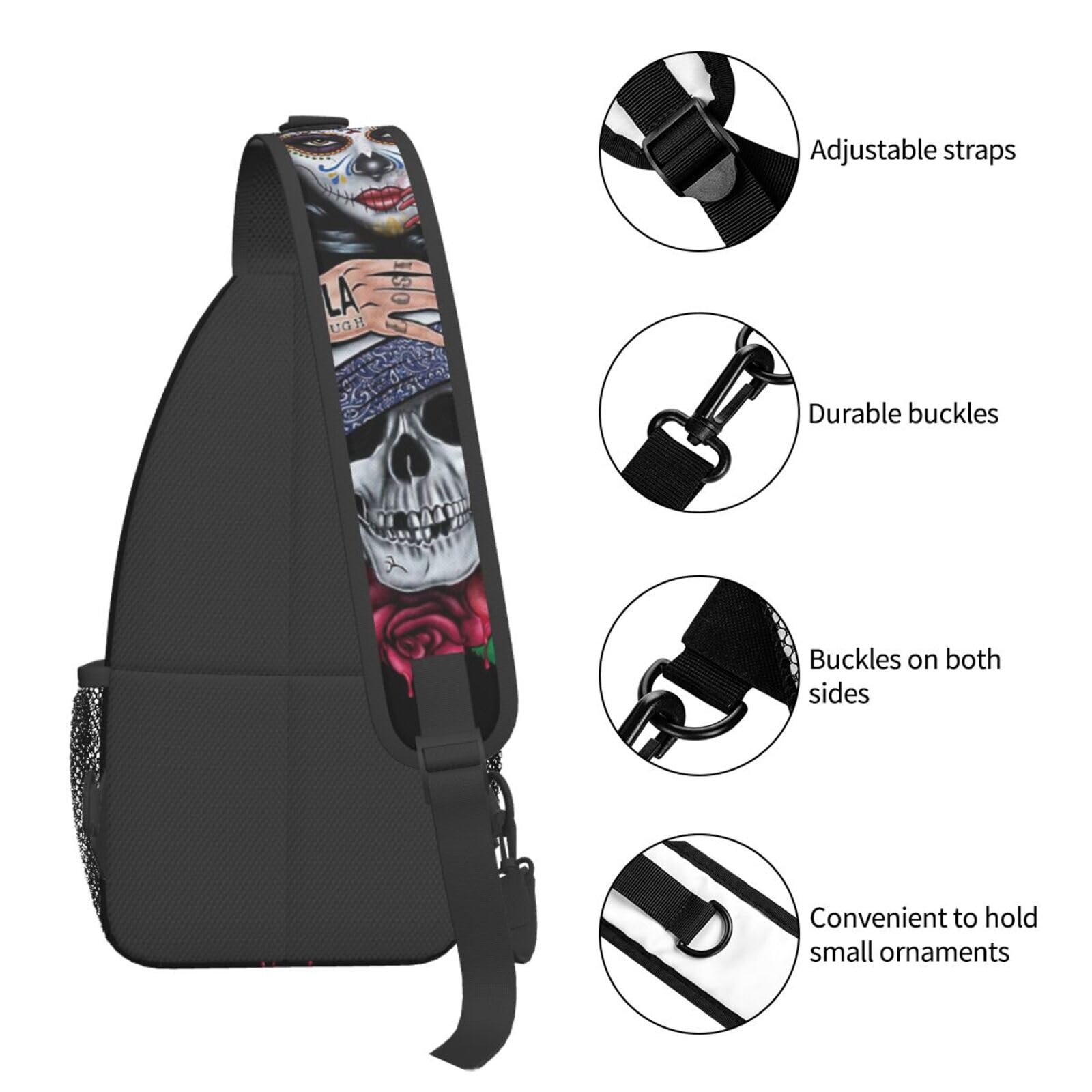 Fosgzif Crossbody Bag Sling Shoulder Backpack for Men Women Day of the Dead Sugar Skull Unisex Small Hiking Backpack Durable Hiking Daypack for Sport Casual Walking Biking Travel Cycling