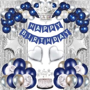 navy blue silver happy birthday party decorations set for men boys women girls, banner, crown balloon, fringe curtains, cake topper for 13th 16th 18th 21st 25th 30th 40th 50th 60th 70th party supplies