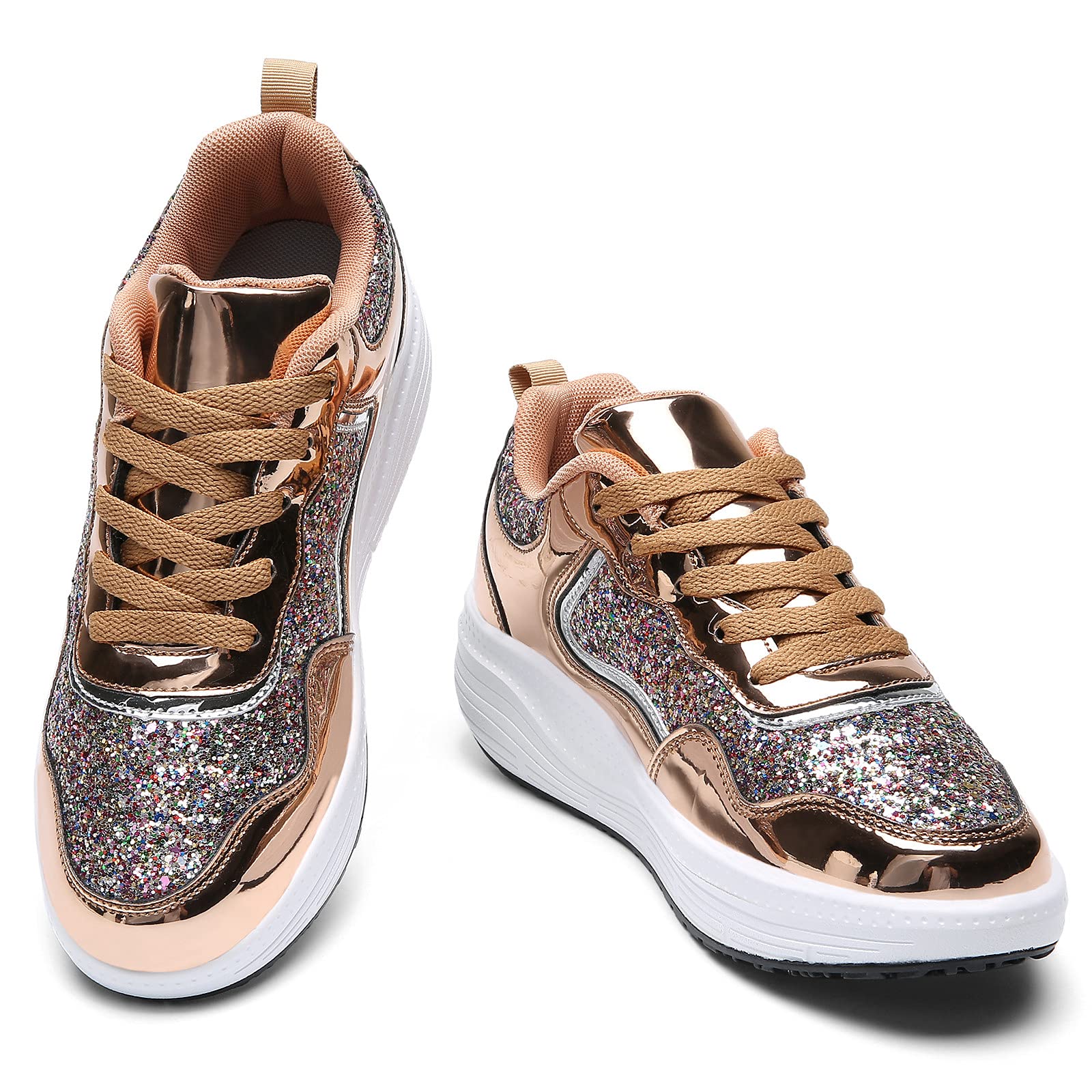 kkdom Women's Walking Shoes Glitter Comfort Lightweight Wedge Platform Athletic Tennis Sneakers Gold US Size 10