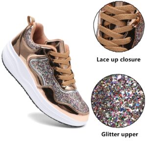 kkdom Women's Walking Shoes Glitter Comfort Lightweight Wedge Platform Athletic Tennis Sneakers Gold US Size 10