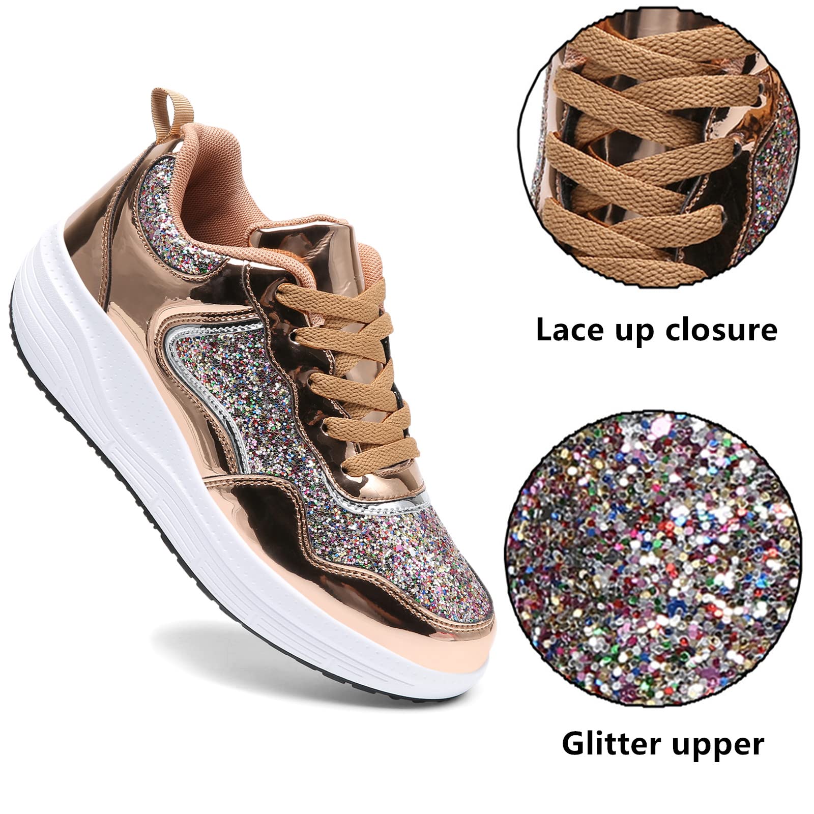 kkdom Women's Walking Shoes Glitter Comfort Lightweight Wedge Platform Athletic Tennis Sneakers Gold US Size 10