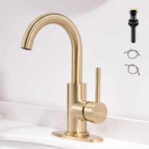 fropo gold bathroom faucets with pop-up drain, modern single hole bathroom sink faucet with deck plate single handle lavatory faucet brushed gold bar vanity faucet