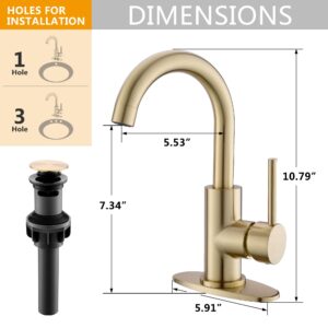 FROPO Gold Bathroom Faucets with Pop-Up Drain, Modern Single Hole Bathroom Sink Faucet with Deck Plate Single Handle Lavatory Faucet Brushed Gold Bar Vanity Faucet