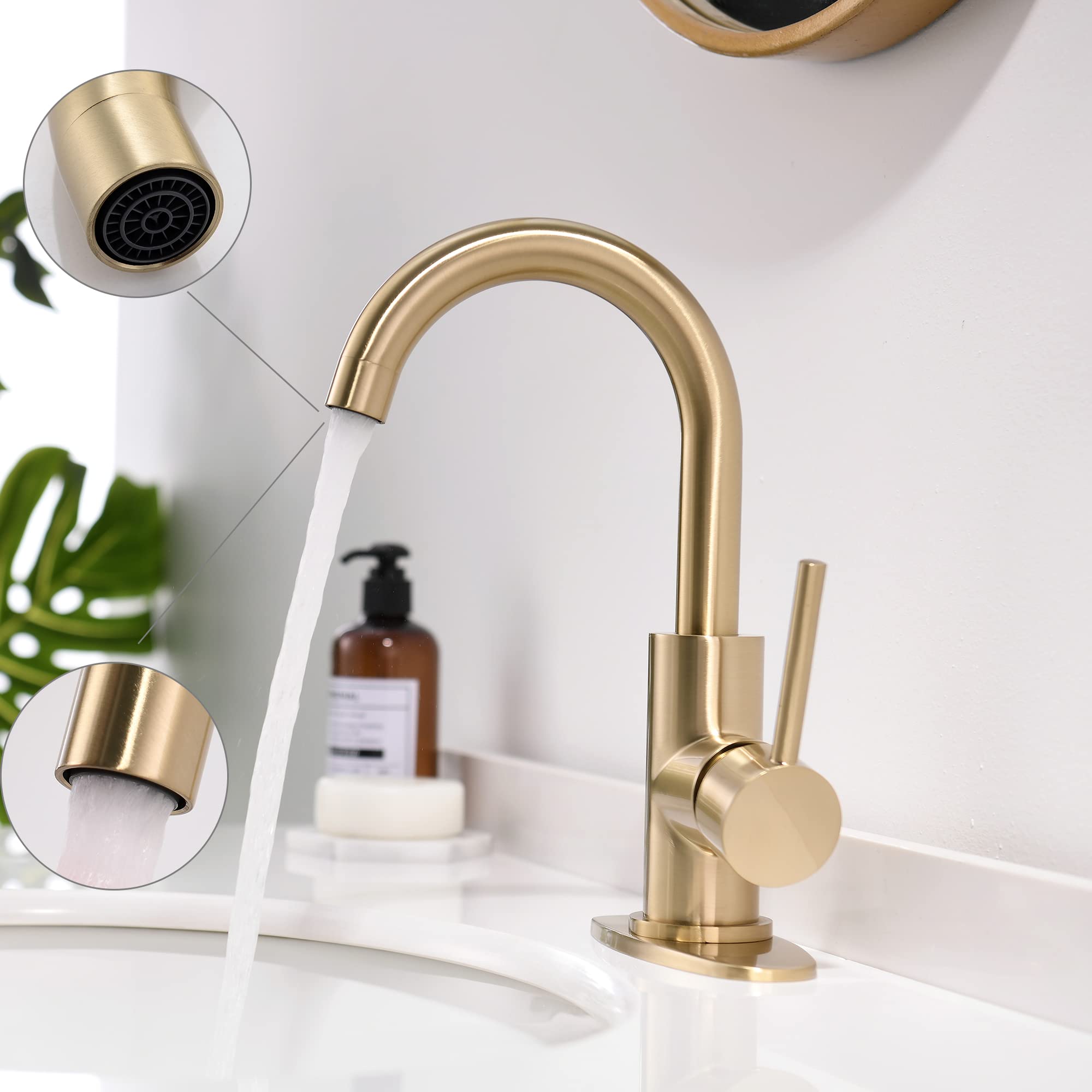 FROPO Gold Bathroom Faucets with Pop-Up Drain, Modern Single Hole Bathroom Sink Faucet with Deck Plate Single Handle Lavatory Faucet Brushed Gold Bar Vanity Faucet