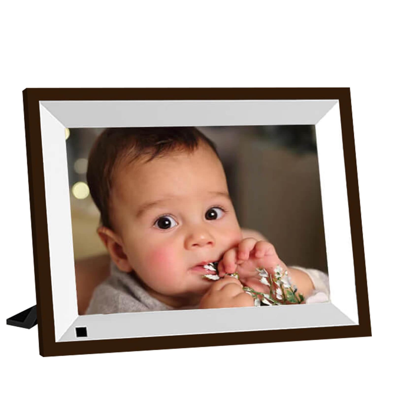 Digital Picture Frame，JREN 10.1 inch WiFi Digital Photo Frame with HD Touch Screen Auto-Rotate， Share Photos and Videos via FRAMEO App Anytime and Anywhere Plastic Frame Color Brown