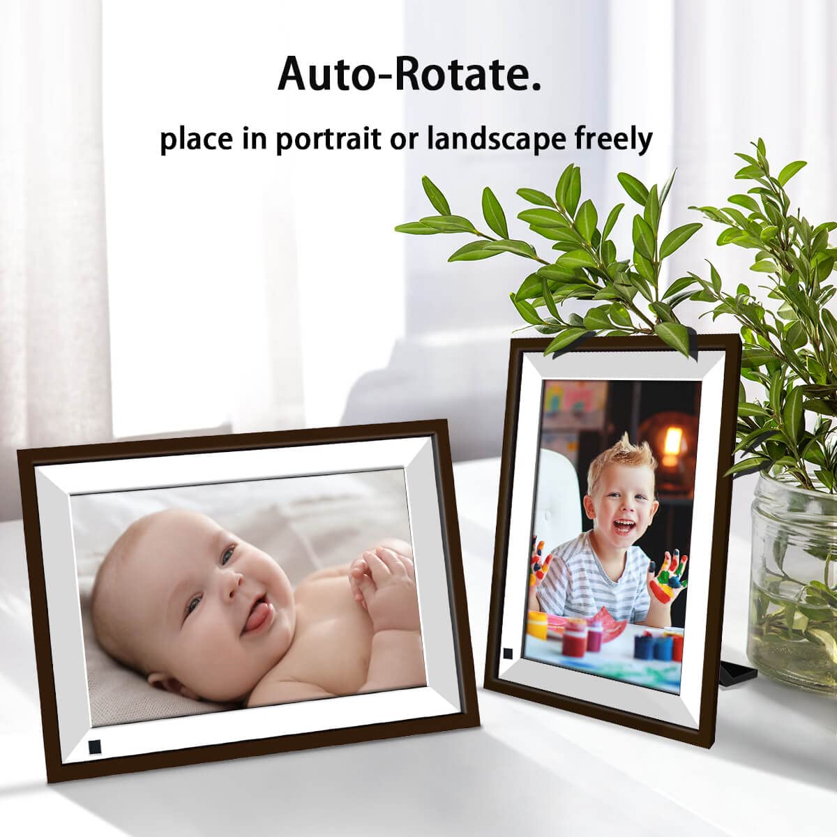 Digital Picture Frame，JREN 10.1 inch WiFi Digital Photo Frame with HD Touch Screen Auto-Rotate， Share Photos and Videos via FRAMEO App Anytime and Anywhere Plastic Frame Color Brown