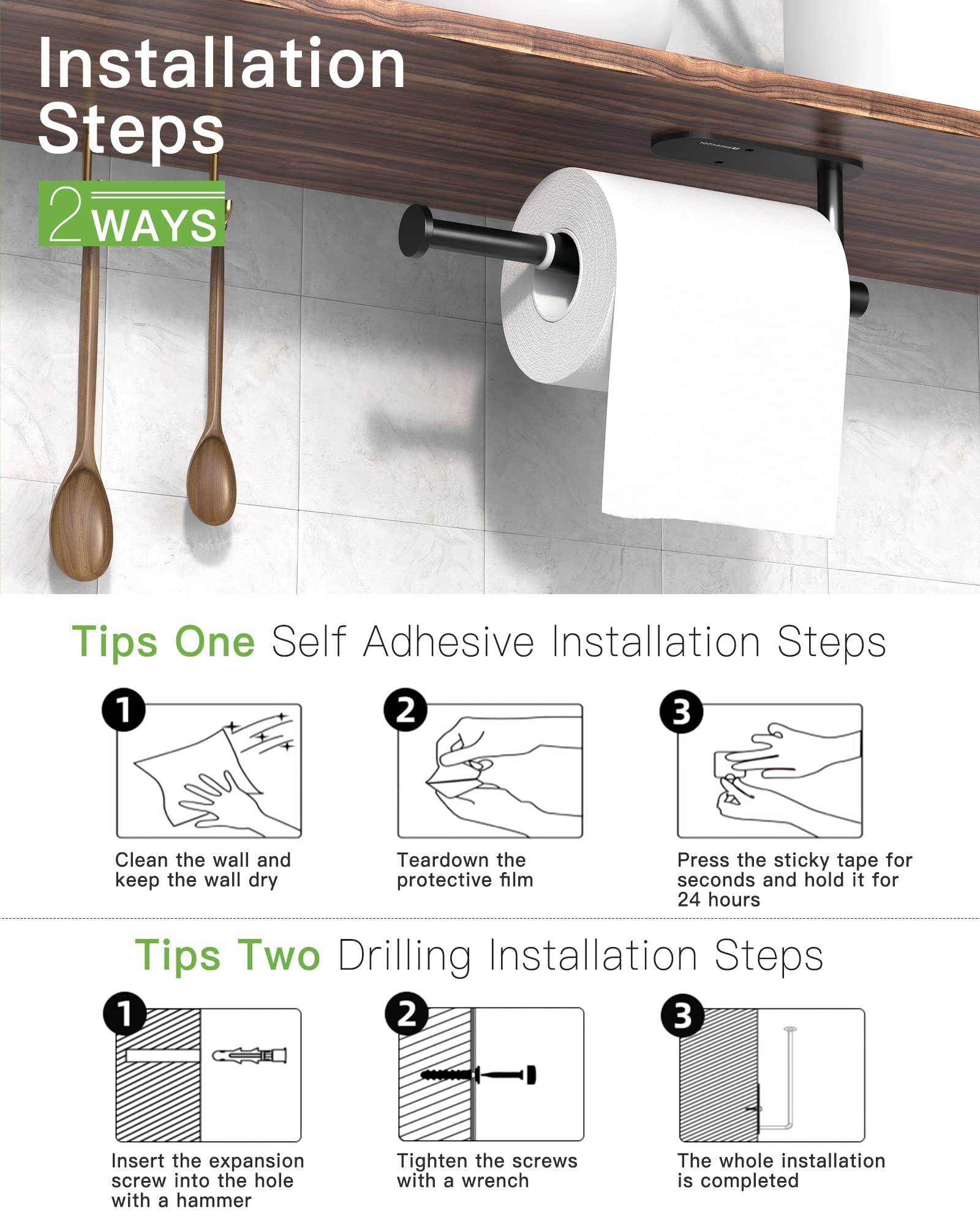 Adjustable Self-Adhesive Paper Towel Holder Under Cabinet, Under Counter Paper Towel Holder Wall Mount for Kitchen Bathroom Organization Storage, Adhesive and Screws, Extendable 7.5" to 14"