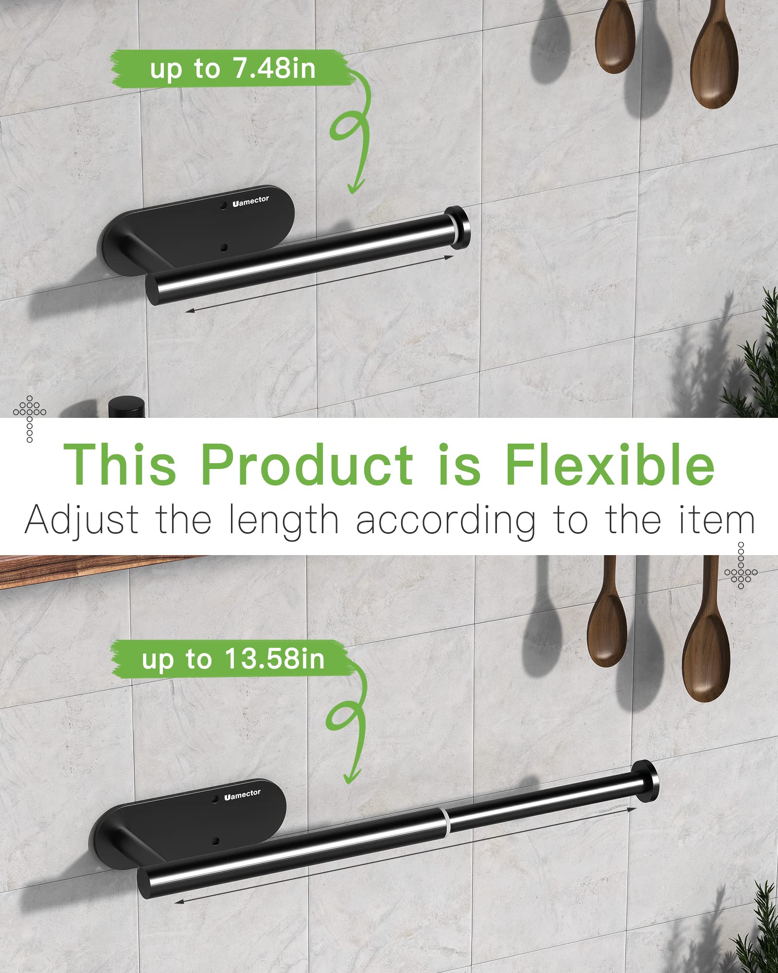 Adjustable Self-Adhesive Paper Towel Holder Under Cabinet, Under Counter Paper Towel Holder Wall Mount for Kitchen Bathroom Organization Storage, Adhesive and Screws, Extendable 7.5" to 14"