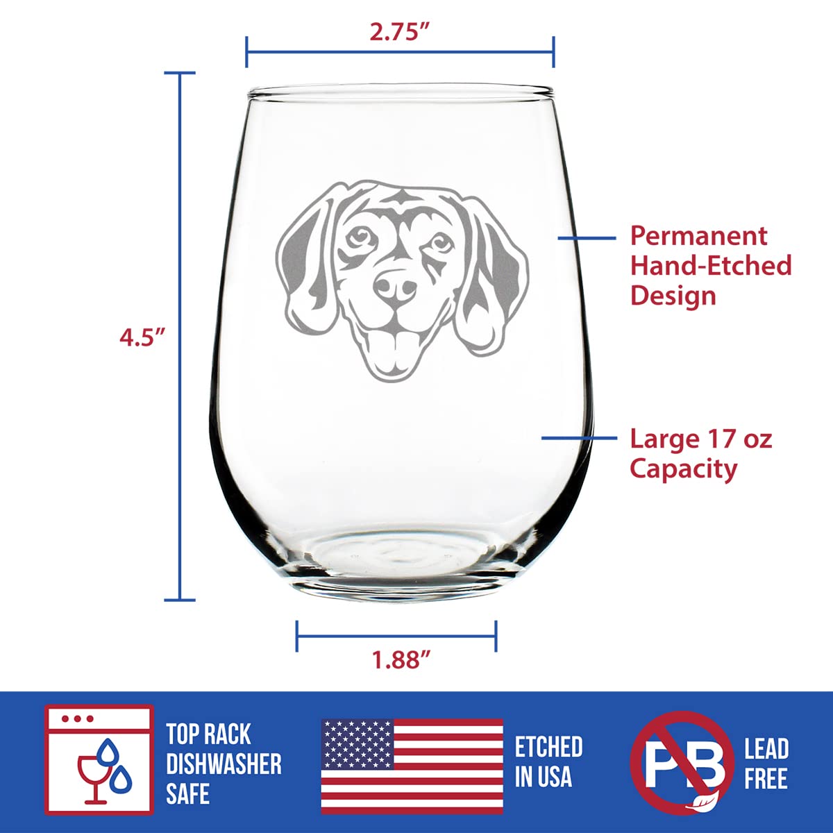 Happy Beagle Stemless Wine Glass - Cute Dog Themed Decor and Gifts for Moms & Dads of Beagles - Large 17 Oz Glasses