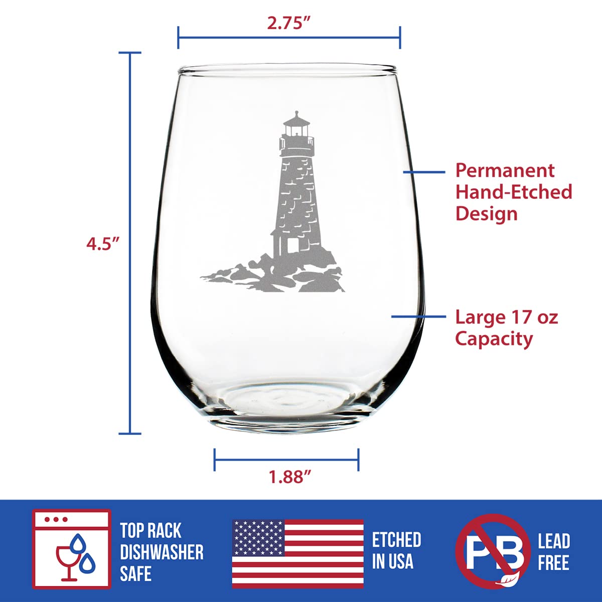 Lighthouse - Stemless Wine Glasses - Nautical Themed Decor and Gifts for Beach Lovers - Large 17 Ounce