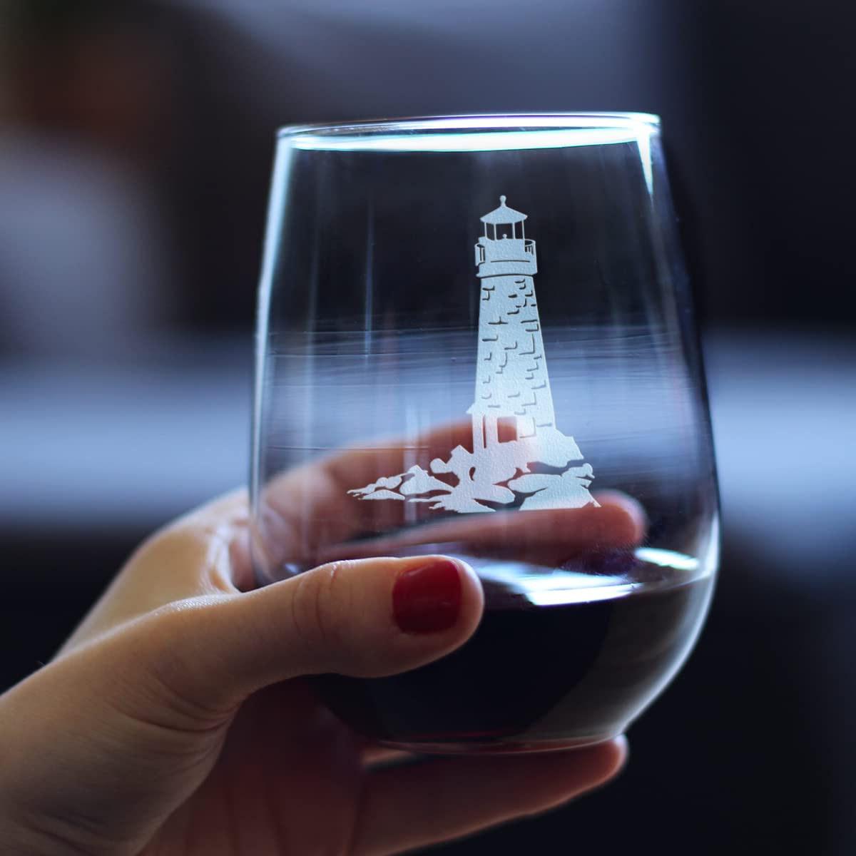 Lighthouse - Stemless Wine Glasses - Nautical Themed Decor and Gifts for Beach Lovers - Large 17 Ounce