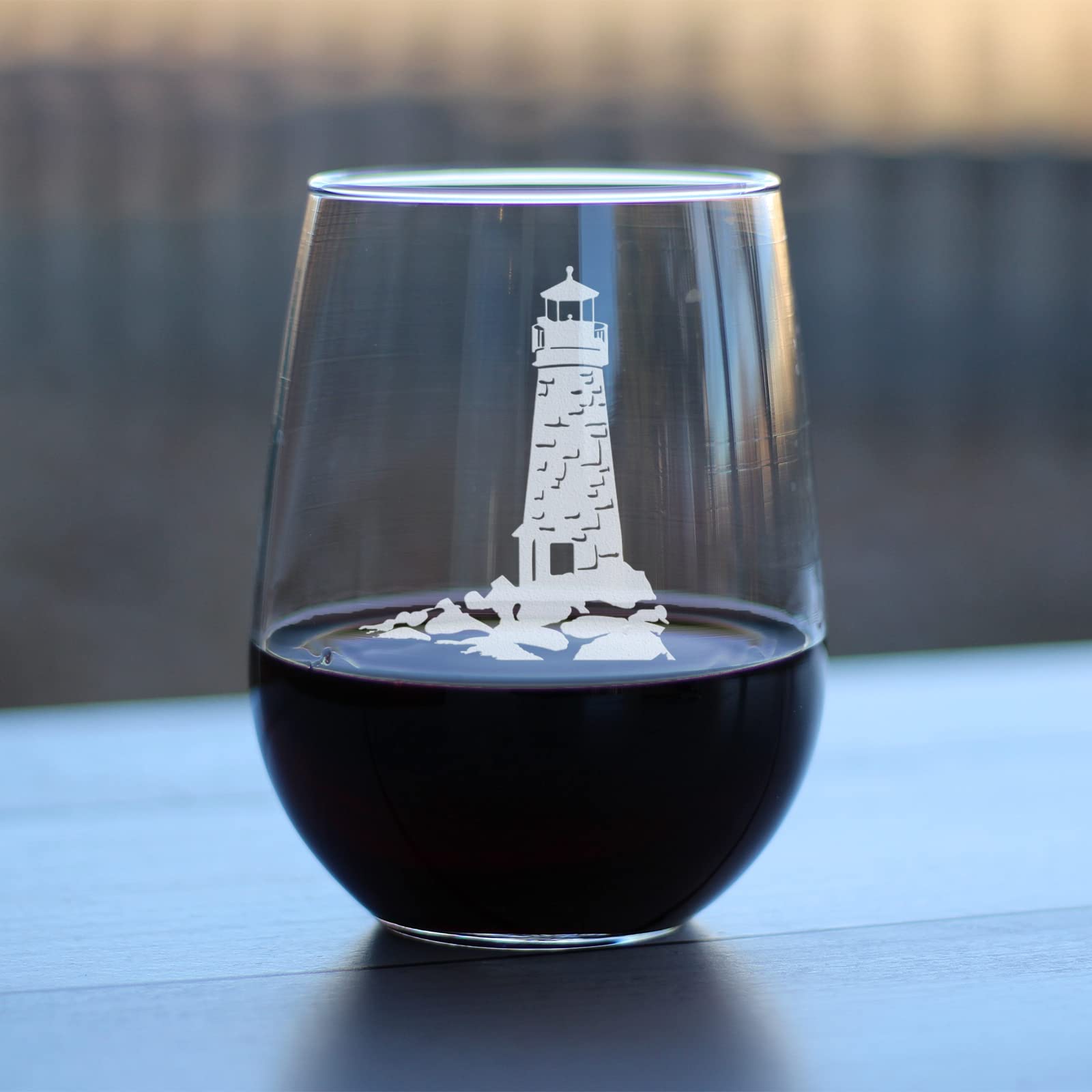 Lighthouse - Stemless Wine Glasses - Nautical Themed Decor and Gifts for Beach Lovers - Large 17 Ounce