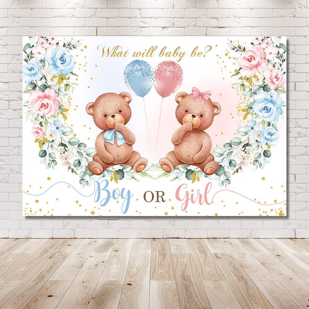 MEHOFOND 8x6ft Bear Gender Reveal Baby Shower Party Backdrop Boy or Girl Blush Pink Blue Floral Photography Background Party Decor Blue and Pink Balloons Gold Confetti Photobooth