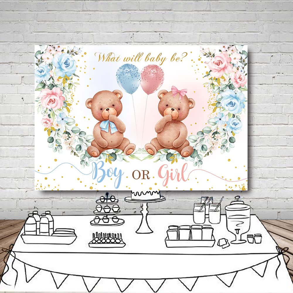 MEHOFOND 8x6ft Bear Gender Reveal Baby Shower Party Backdrop Boy or Girl Blush Pink Blue Floral Photography Background Party Decor Blue and Pink Balloons Gold Confetti Photobooth