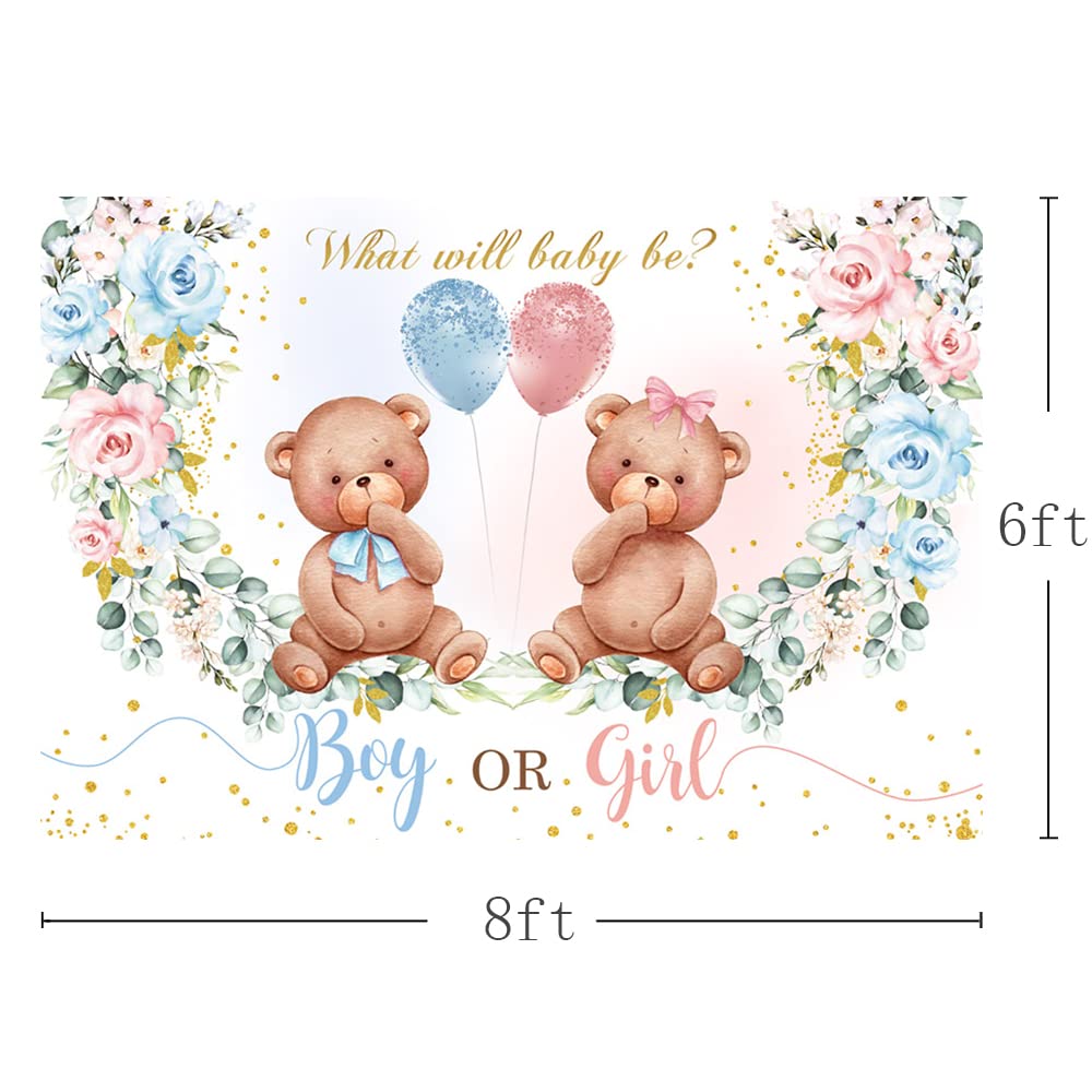 MEHOFOND 8x6ft Bear Gender Reveal Baby Shower Party Backdrop Boy or Girl Blush Pink Blue Floral Photography Background Party Decor Blue and Pink Balloons Gold Confetti Photobooth