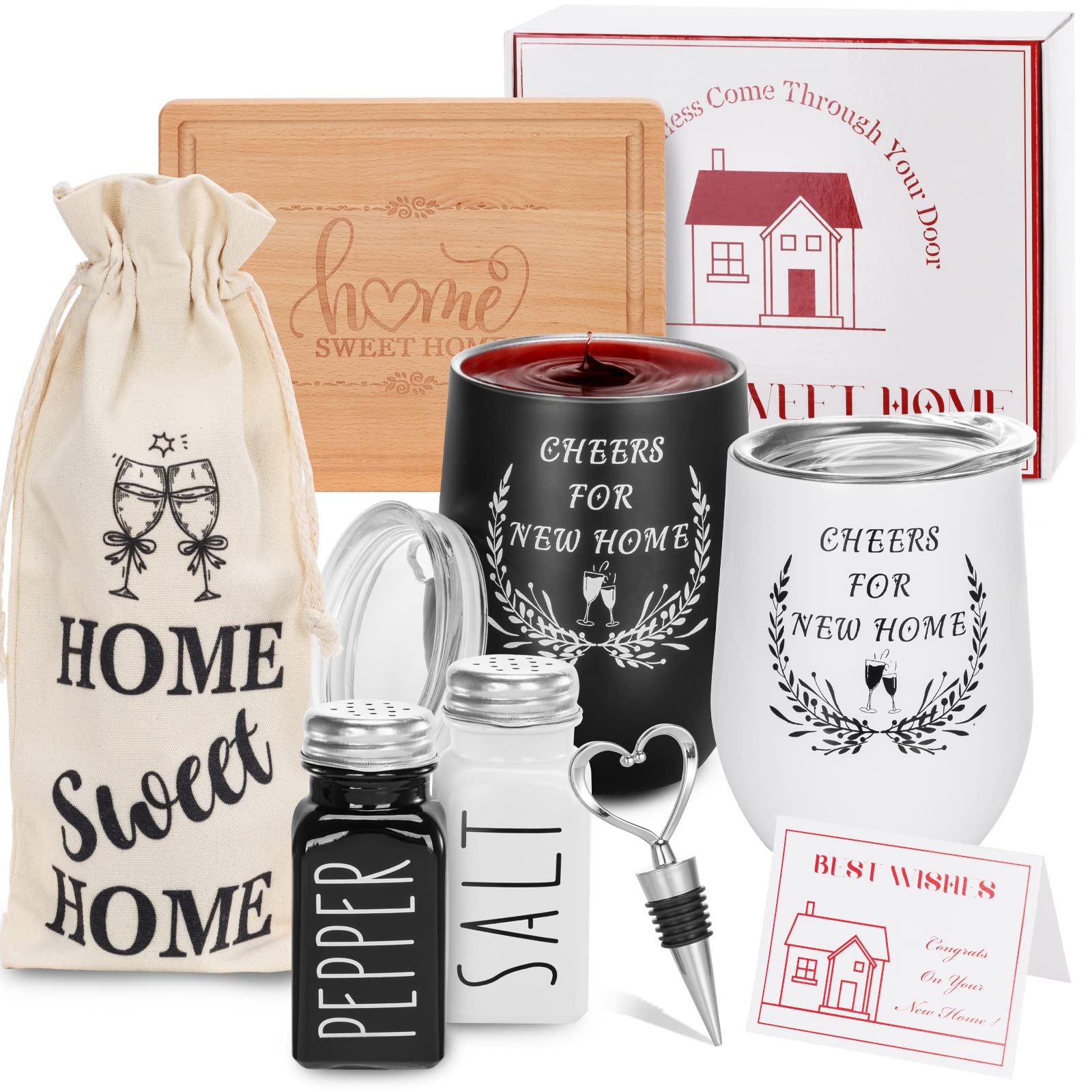 HNSHAG House Warming Gifts for New Home - Housewarming Gift Ideas for Women Couples - Funny Essentials Cutting Board Wine Glasses Gifts Box for New House