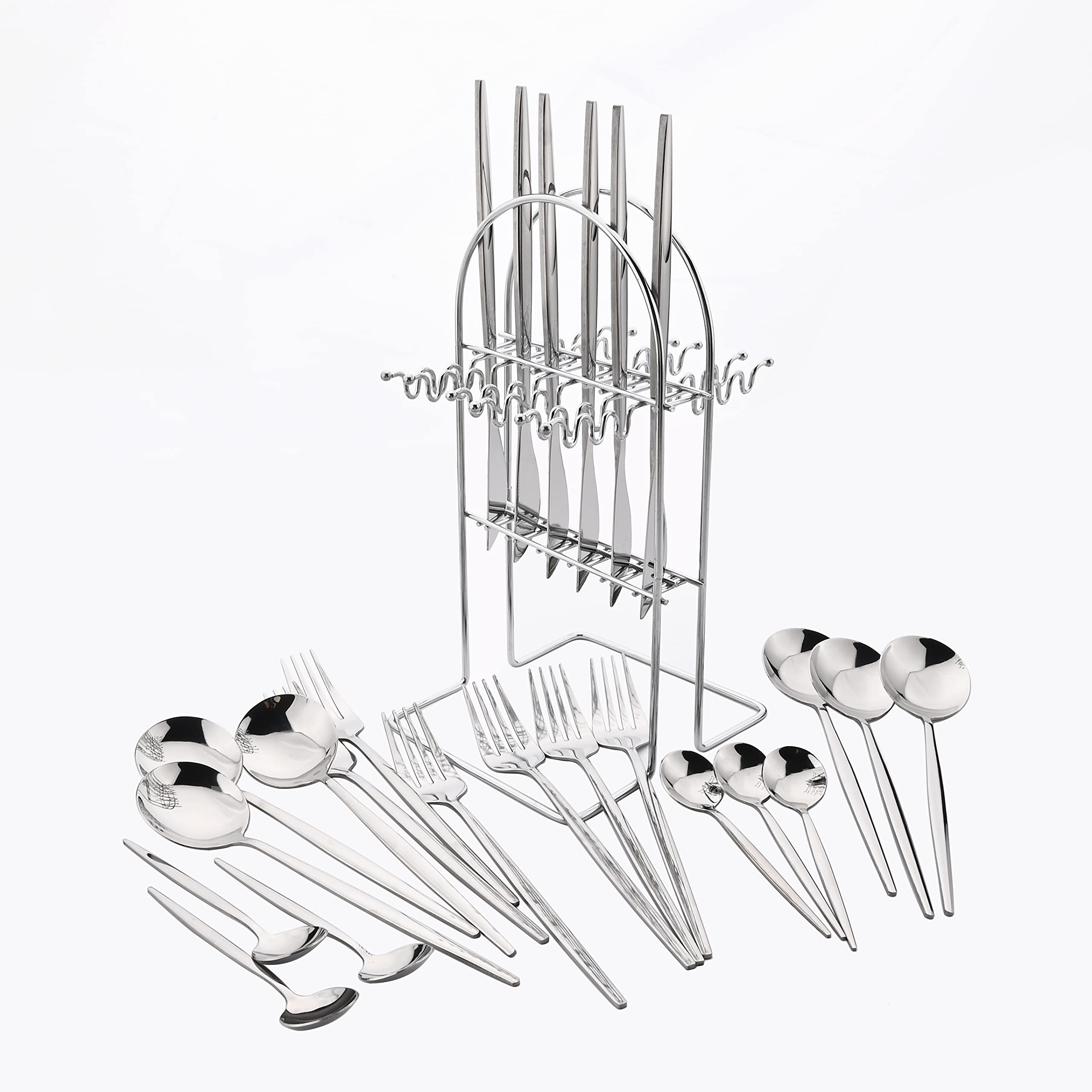 Uniturcky 24 Piece Cutlery Set for 6 with Holder, Mirror Polished Silver Stainless Steel Flatware Set with Rack, Kitchen Restaurant Hotel Utensils, Silverware Sets with Holder, Hanging Flatware set