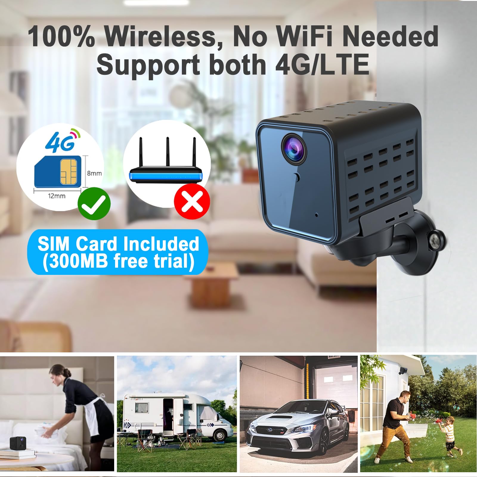 No WiFi Security Camera, Cellular Security Camera, SIM Card Included, Not Support WiFi, Radar Motion Sensor, FHD 4G Car Security Camera, 20-Day Standby Battery Life, Portable Cellular Trail Cameras