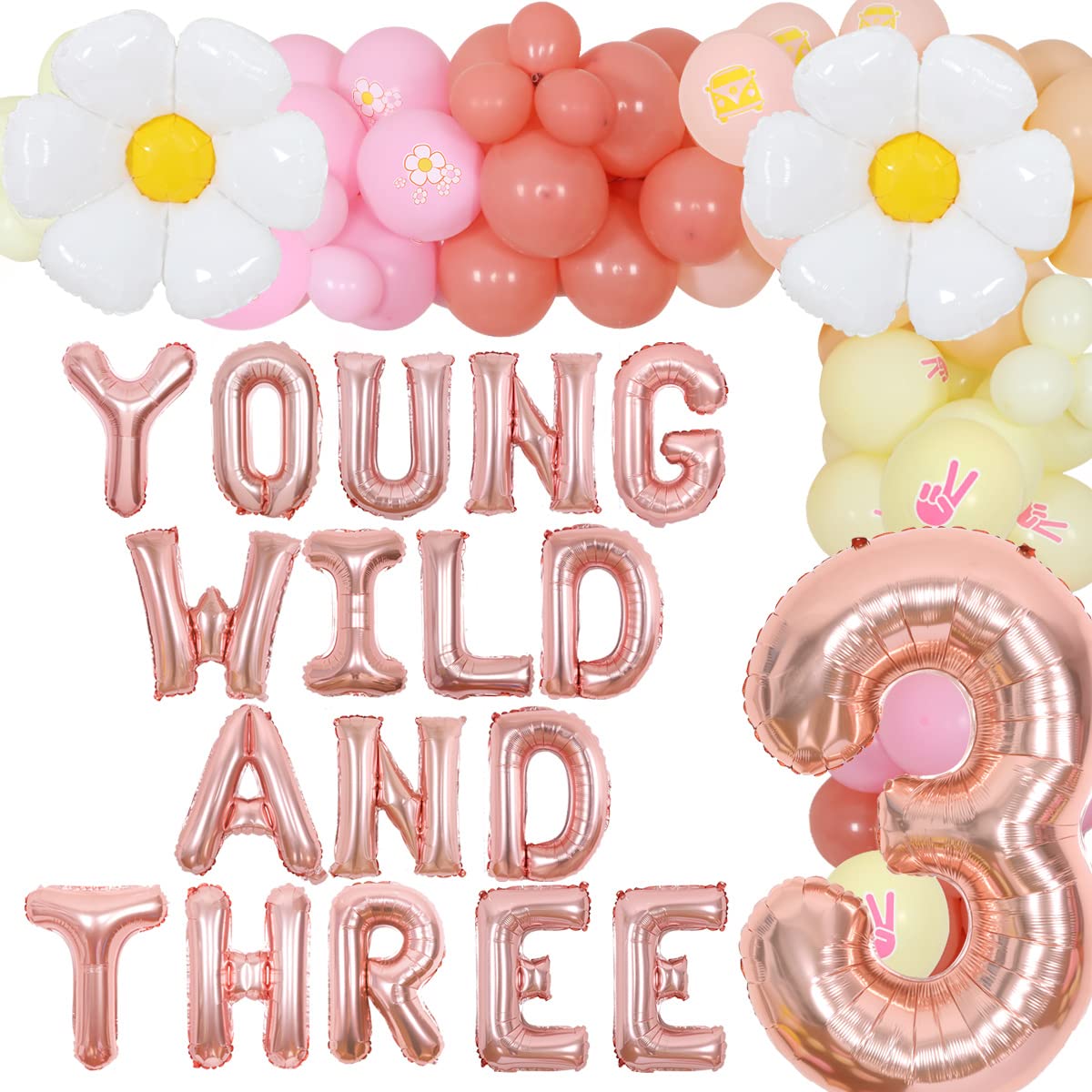 JOYMEMO Groovy 3rd Birthday Party Decorations, Young Wild and Three Daisy Flower Balloons Garland Kit, Groovy Retro Boho Girls Third Birthday Party Supplies