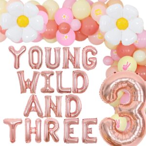 JOYMEMO Groovy 3rd Birthday Party Decorations, Young Wild and Three Daisy Flower Balloons Garland Kit, Groovy Retro Boho Girls Third Birthday Party Supplies