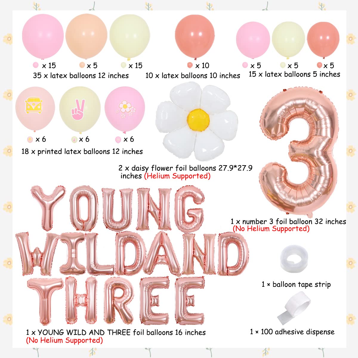 JOYMEMO Groovy 3rd Birthday Party Decorations, Young Wild and Three Daisy Flower Balloons Garland Kit, Groovy Retro Boho Girls Third Birthday Party Supplies