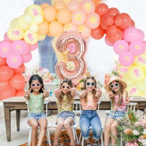 JOYMEMO Groovy 3rd Birthday Party Decorations, Young Wild and Three Daisy Flower Balloons Garland Kit, Groovy Retro Boho Girls Third Birthday Party Supplies