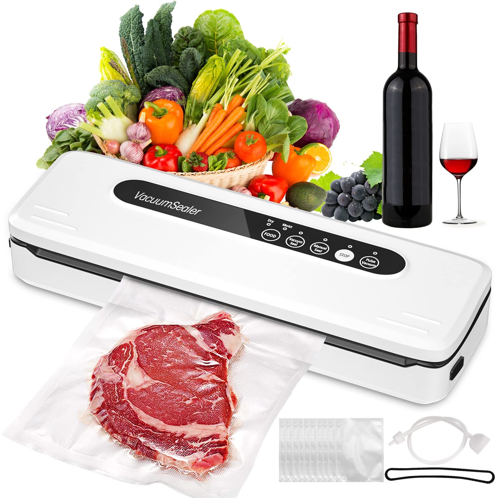 Vacuum Sealer Machine, Dry/Moist Food Sealer Machine, 5-in-1 Vacuum Sealing System, Air Sealer Machine with 5 Vacuum Seal Bags & 1 Air Suction Hose for Dry Moist Food Preservation and Sous Vide(White)