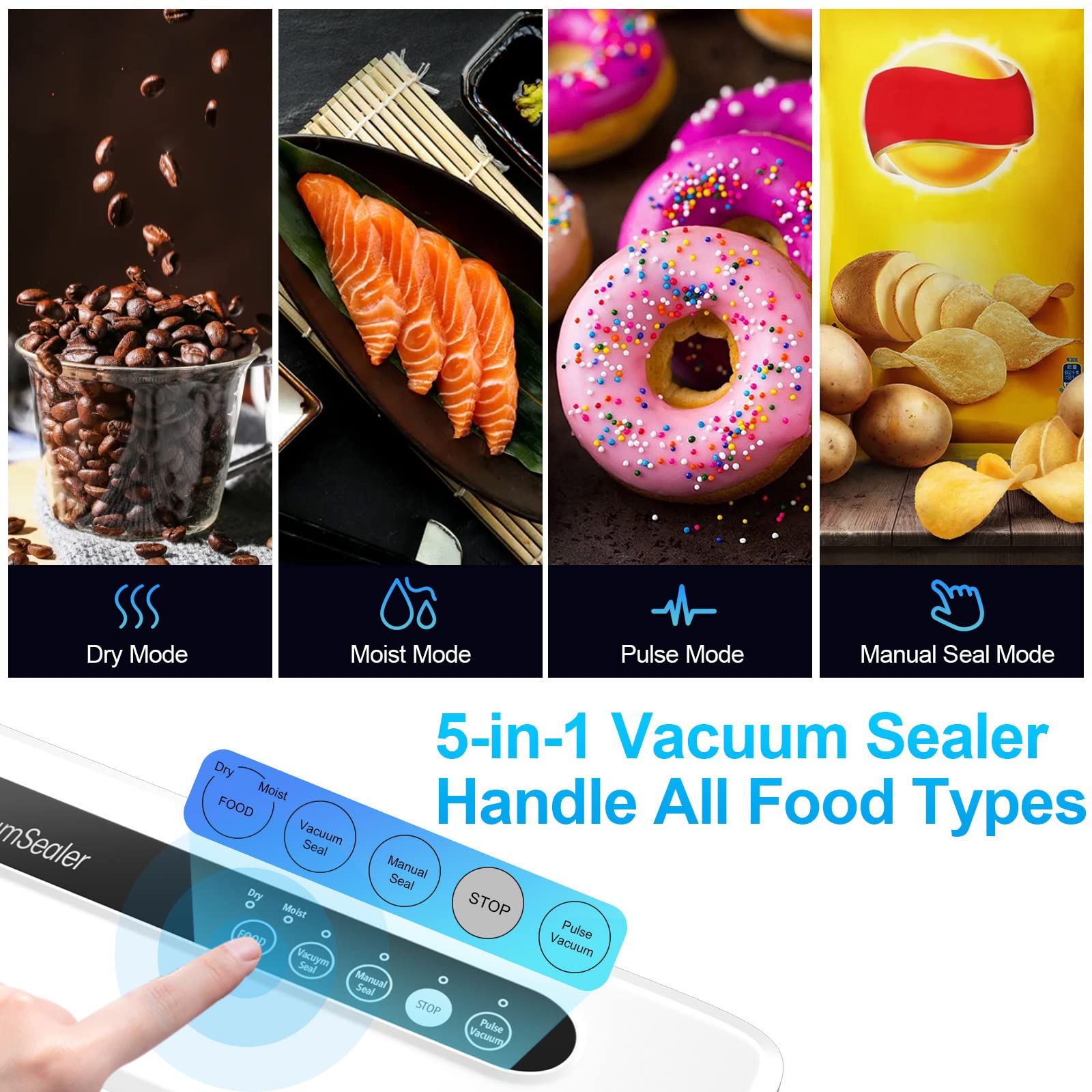 Vacuum Sealer Machine, Dry/Moist Food Sealer Machine, 5-in-1 Vacuum Sealing System, Air Sealer Machine with 5 Vacuum Seal Bags & 1 Air Suction Hose for Dry Moist Food Preservation and Sous Vide(White)