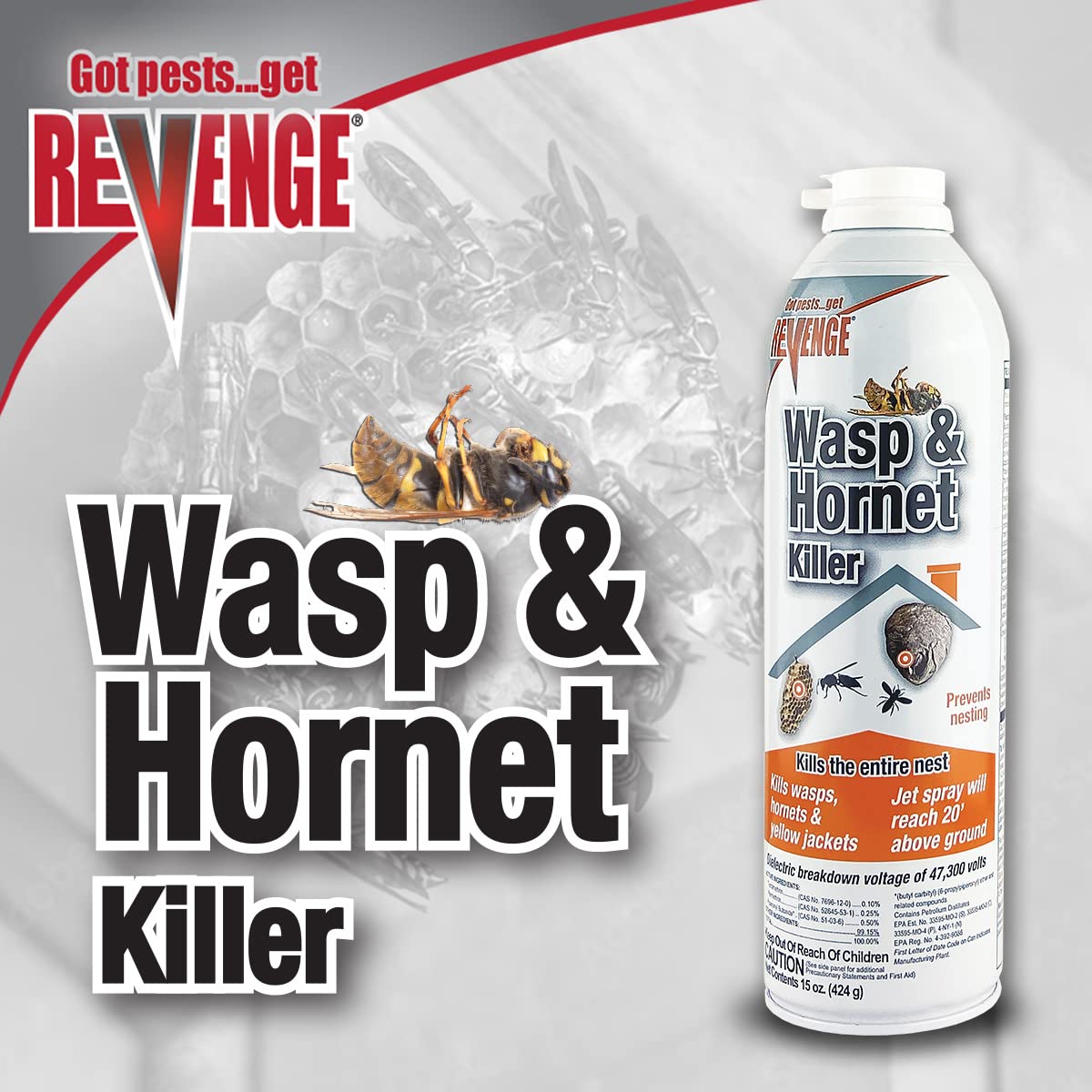 REVENGE Wasp & Hornet Killer Aerosol, 15 oz Ready-to-Use Spray for Wasps, Hornets and Yellow Jackets, Kills Entire Nest