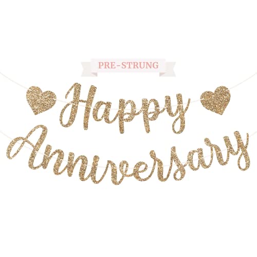 Pre-Strung Happy Anniversary Banner - NO DIY - Gold Glitter Wedding Anniversary Party Banner in Script - Pre-Strung Garland on 6 ft Strands - Anniversary Decorations & Decor. Did we Mention no DIY?