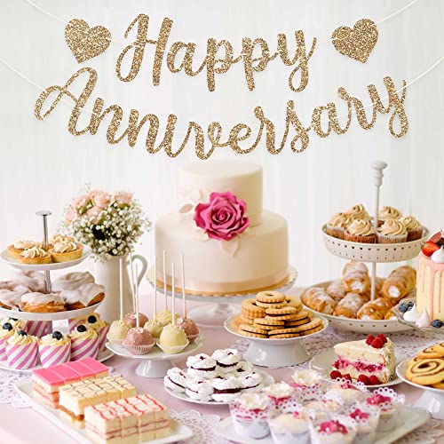 Pre-Strung Happy Anniversary Banner - NO DIY - Gold Glitter Wedding Anniversary Party Banner in Script - Pre-Strung Garland on 6 ft Strands - Anniversary Decorations & Decor. Did we Mention no DIY?