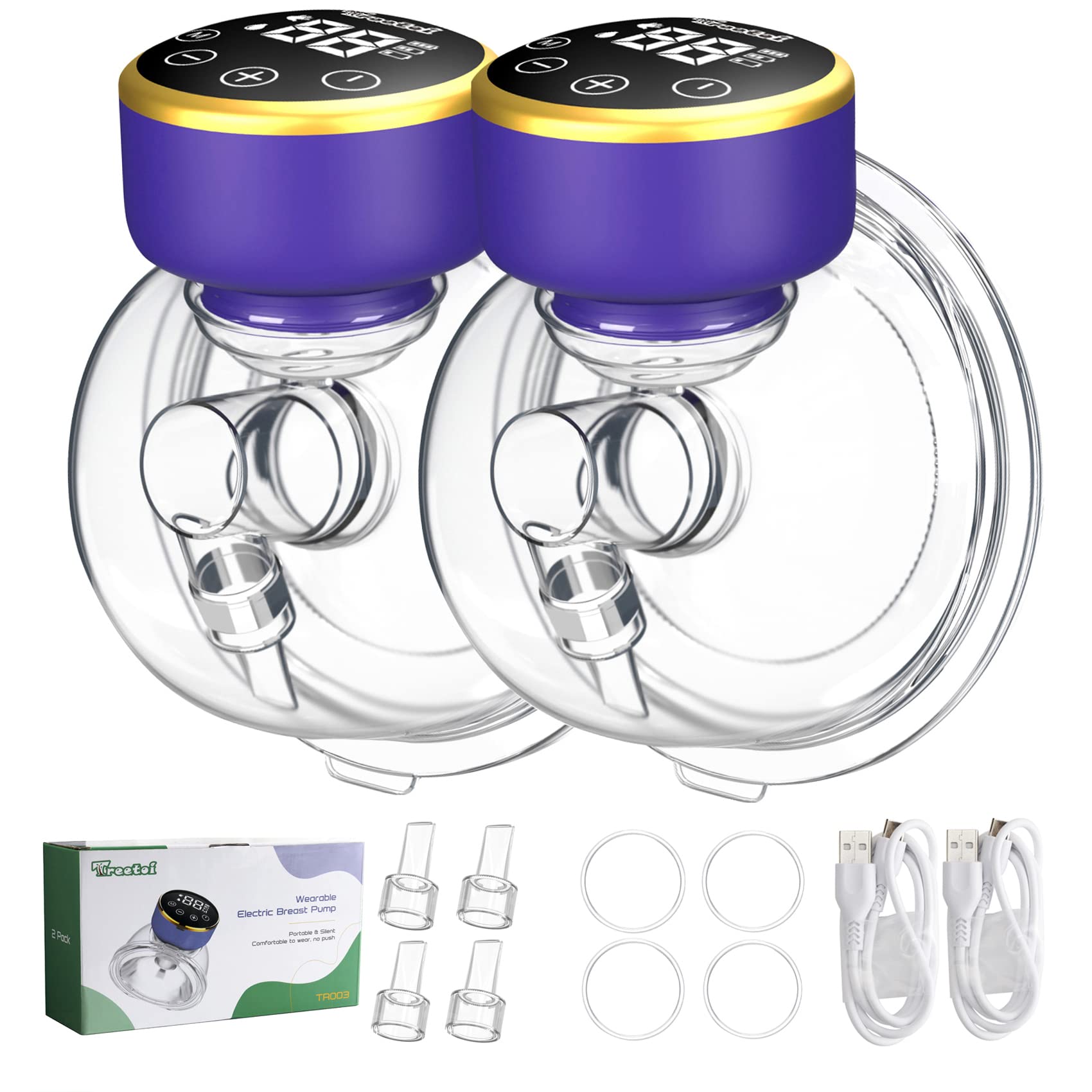 Treetoi 2 Pack Cordless Wearable Breast Pump Hands Free New Mom Gifts for Women Electric Portable Low Noise Breast Pump with 3 Modes & 9 Levels LCD Display, 24mm Flange, VeryPeri