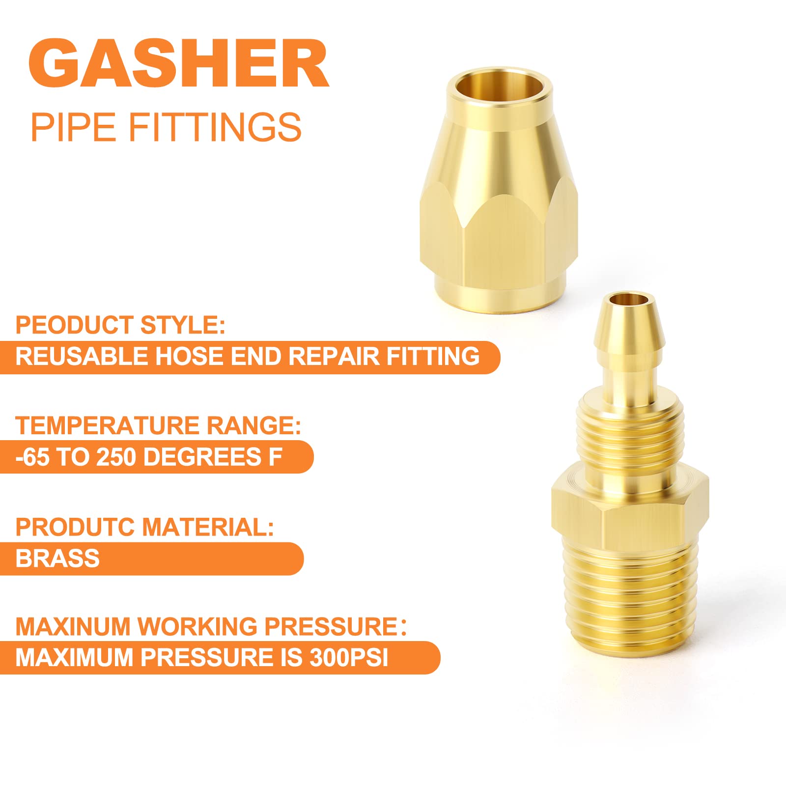 GASHER 5PCS Brass Pneumatic Replacement Fitting, Reusable Hose End Repair Fitting 1/4" Barb（Suitable for 1/4" ID，5/16" OD air hose) x 1/4" NPT Rigid