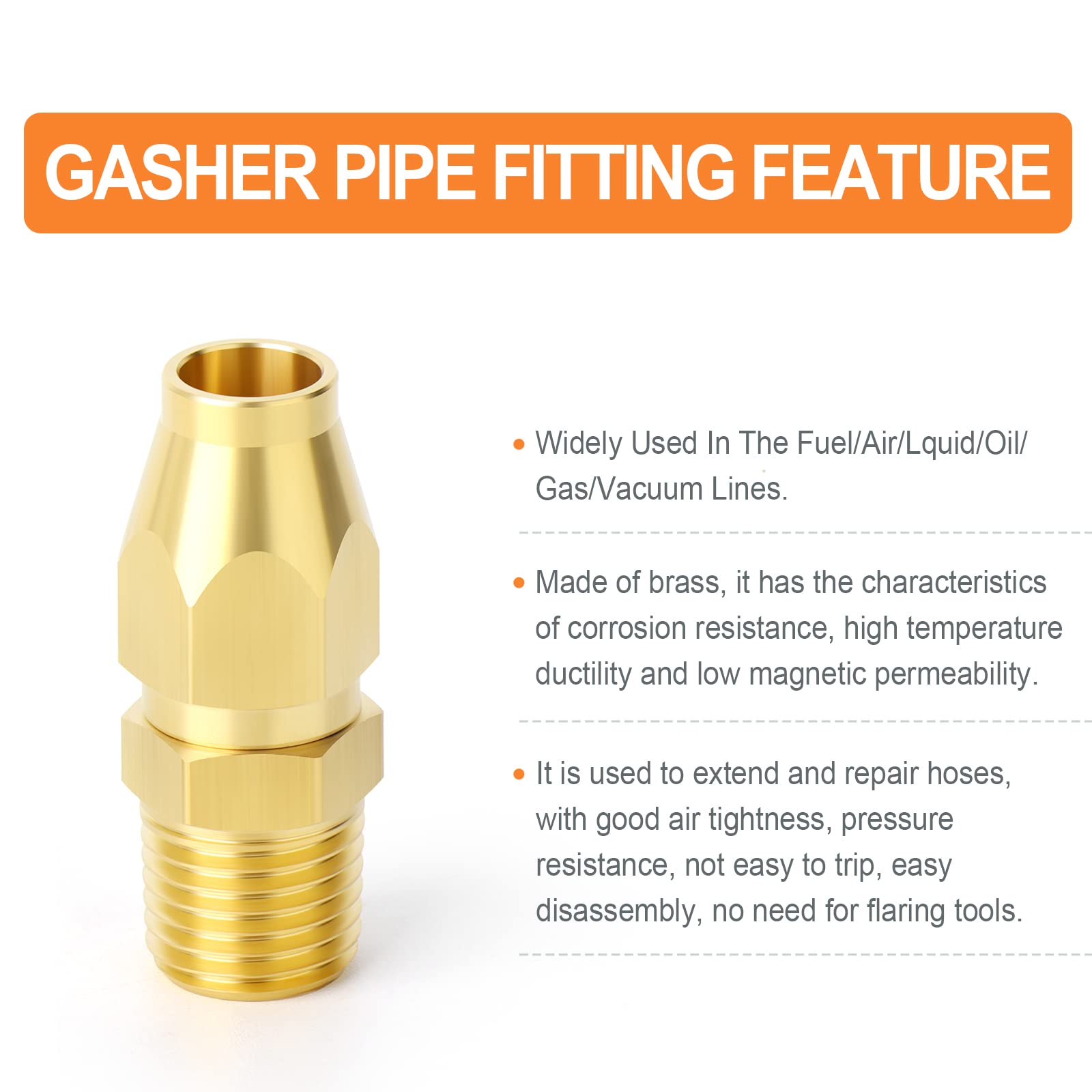 GASHER 5PCS Brass Pneumatic Replacement Fitting, Reusable Hose End Repair Fitting 1/4" Barb（Suitable for 1/4" ID，5/16" OD air hose) x 1/4" NPT Rigid