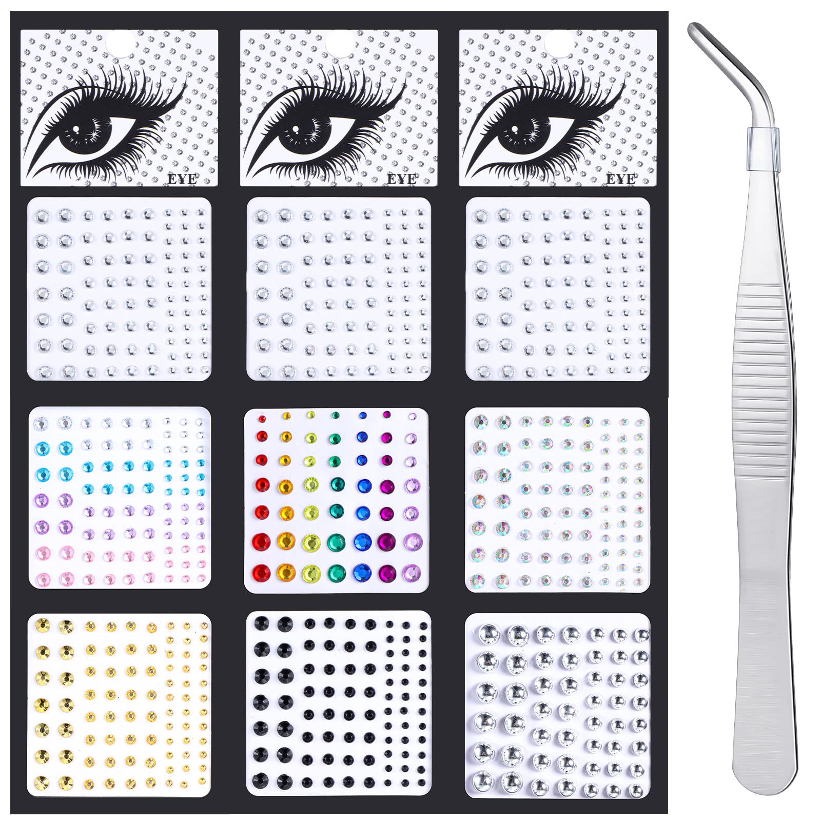 9 Sheets Bindi Dots Nose Stud Stickers Body Face Eye Ear Fake Crystals Gems Jewelry Self Adhesive Fake Nose Ring Stud Rhinestones Non Piercing for Women Girl Makeup Party Accessory Decoration