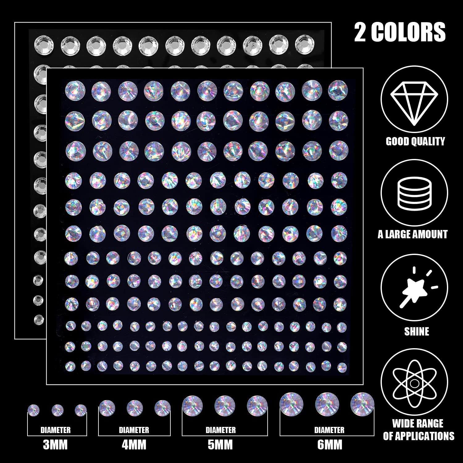 1320 Pcs 8 Sheets Rhinestone Stickers 3/4/5/6 mm Hair Gems Self Adhesive Face Rhinestones Gems Jewels for Halloween Decorations Makeup Hair Body