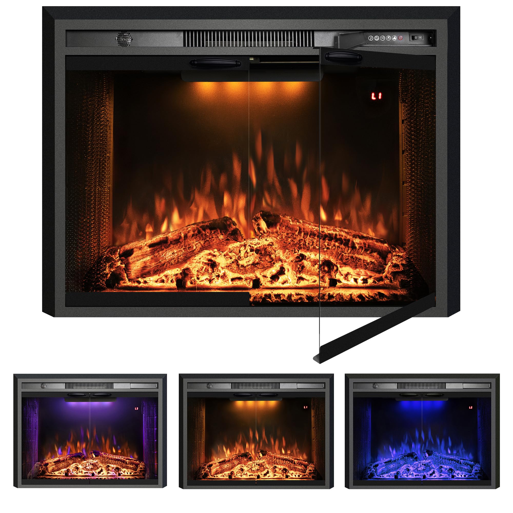 Velaychimney 30 Inches Electric Fireplace Insert, 750W/1500W Fireplace Heater with Adjustable Flame and Top Light Colors, Fire Crackling Sound, Remote Control, Timer, Glass Door & Mesh Screen, Black