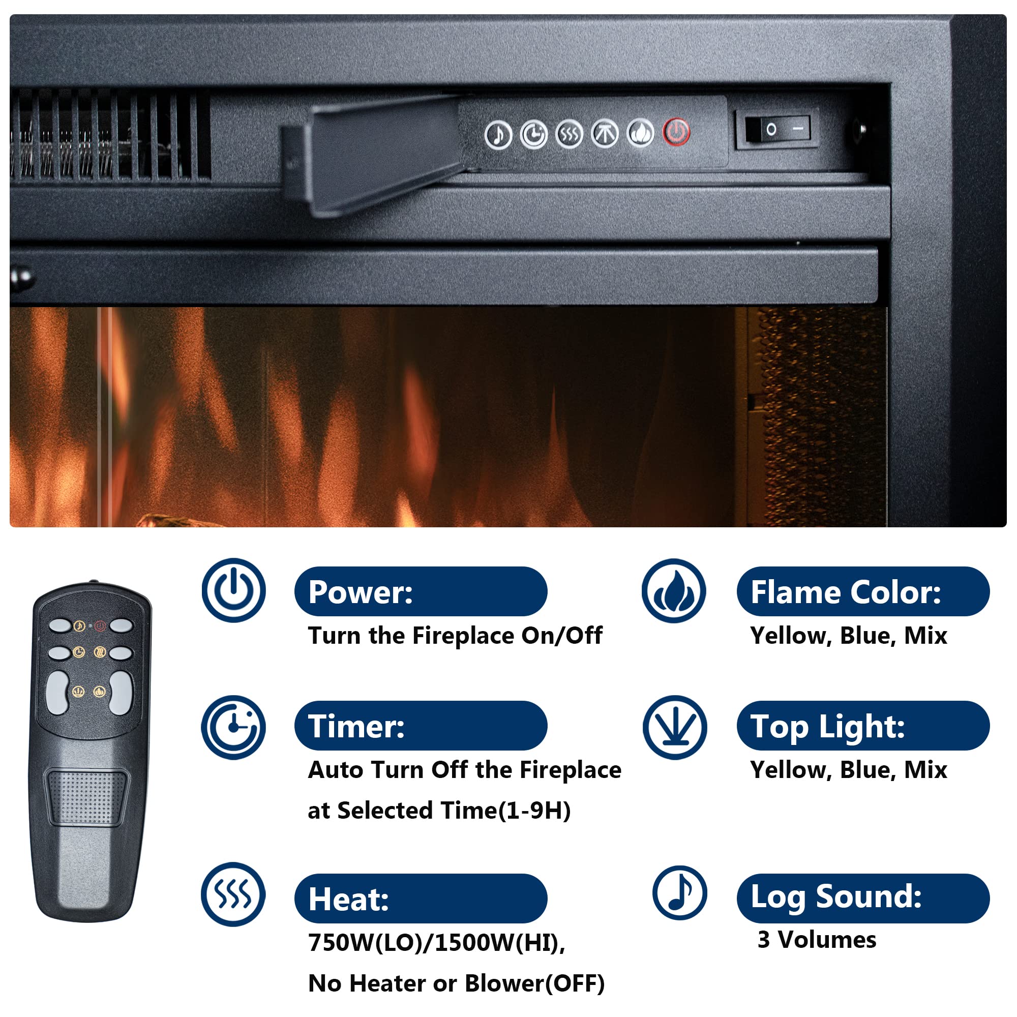 Velaychimney 30 Inches Electric Fireplace Insert, 750W/1500W Fireplace Heater with Adjustable Flame and Top Light Colors, Fire Crackling Sound, Remote Control, Timer, Glass Door & Mesh Screen, Black