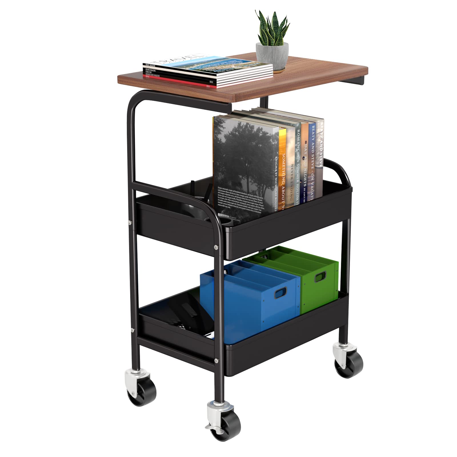 HIDODO Rolling Cart with Wooden Tabletop, 3 Tier Metal Utility Cart, Rolling Storage Organizer Cart with Lockable Wheels for Kitchen, Office, Bedroom (Black)