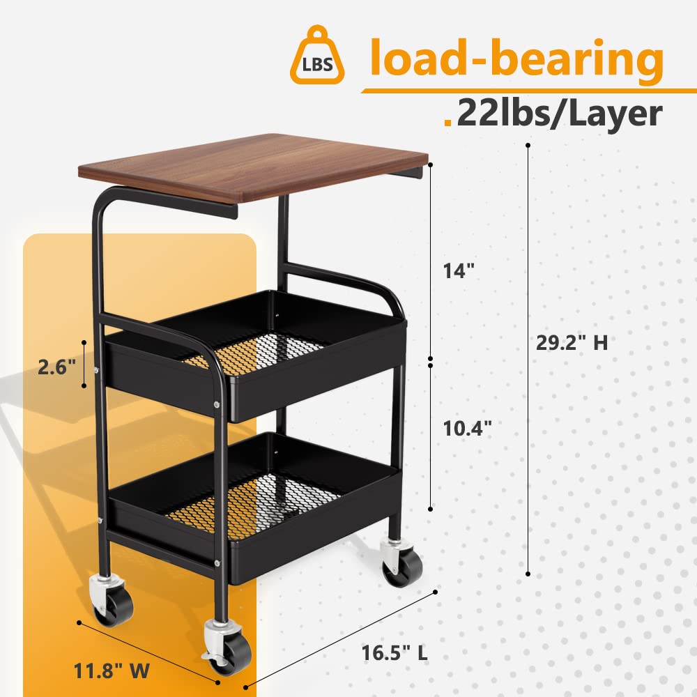 HIDODO Rolling Cart with Wooden Tabletop, 3 Tier Metal Utility Cart, Rolling Storage Organizer Cart with Lockable Wheels for Kitchen, Office, Bedroom (Black)