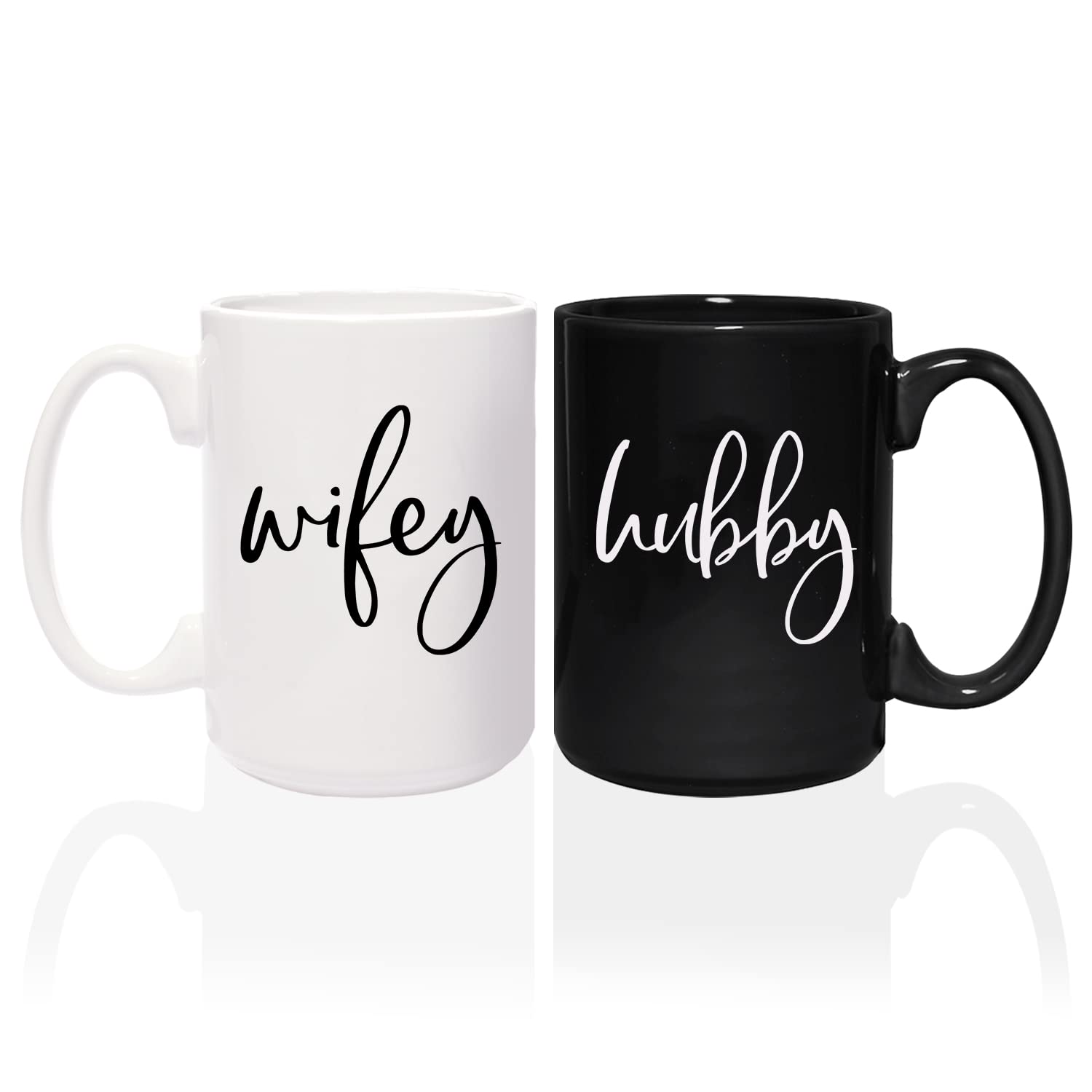 Canopy Street Wifey And Hubby Matching Mugs/Two Jumbo 15 Ounce White And Black Ceramic Mugs/Funny Husband And Wife Coffee Cup Set/Black And White Wedding Present Mug Set.