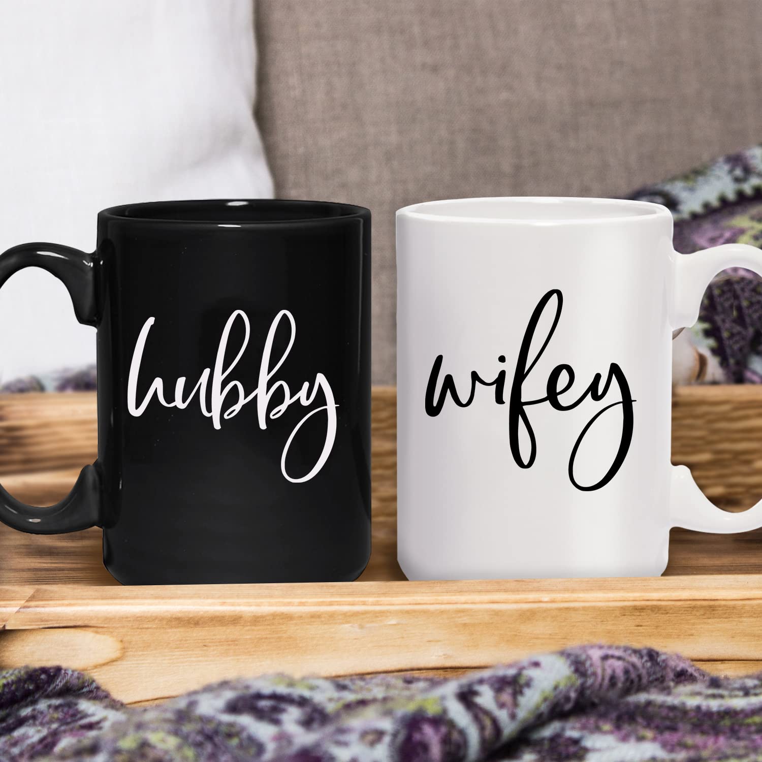 Canopy Street Wifey And Hubby Matching Mugs/Two Jumbo 15 Ounce White And Black Ceramic Mugs/Funny Husband And Wife Coffee Cup Set/Black And White Wedding Present Mug Set.