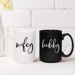 Canopy Street Wifey And Hubby Matching Mugs/Two Jumbo 15 Ounce White And Black Ceramic Mugs/Funny Husband And Wife Coffee Cup Set/Black And White Wedding Present Mug Set.