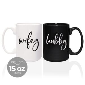 Canopy Street Wifey And Hubby Matching Mugs/Two Jumbo 15 Ounce White And Black Ceramic Mugs/Funny Husband And Wife Coffee Cup Set/Black And White Wedding Present Mug Set.