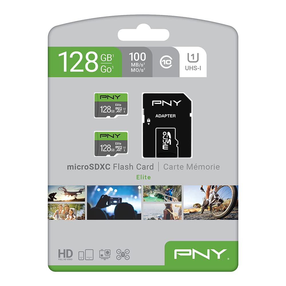 PNY 128GB Elite Class 10 U1 microSDXC Flash Memory Card 2-Pack - 100MB/s, Class 10, U1, Full HD, UHS-I, micro SD