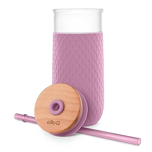 Ello Devon 18oz Glass Tumbler with Straw, Friction Fit Bamboo Wood Lid and Silicone Sleeve | Perfect for Iced Coffee, Tea, and Smoothies | Mauve