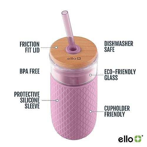 Ello Devon 18oz Glass Tumbler with Straw, Friction Fit Bamboo Wood Lid and Silicone Sleeve | Perfect for Iced Coffee, Tea, and Smoothies | Mauve